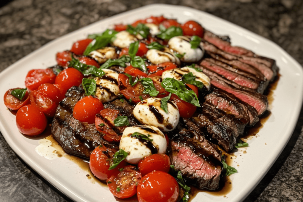 Grilled Balsamic Steak with Mozzarella, Tomatoes & Fresh Basil