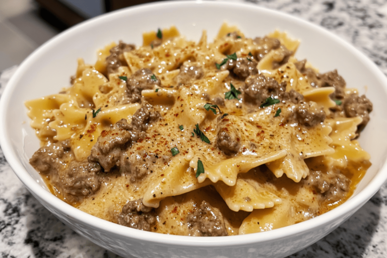 Creamy Parmesan Garlic Beef Bowtie Pasta - Tasty Simply