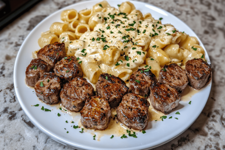 Creamy Parmesan Shells with Garlic Butter Steak Bites - Tasty Simply