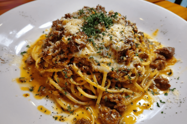 Creamy Garlic Butter Spaghetti with Parmesan Beef